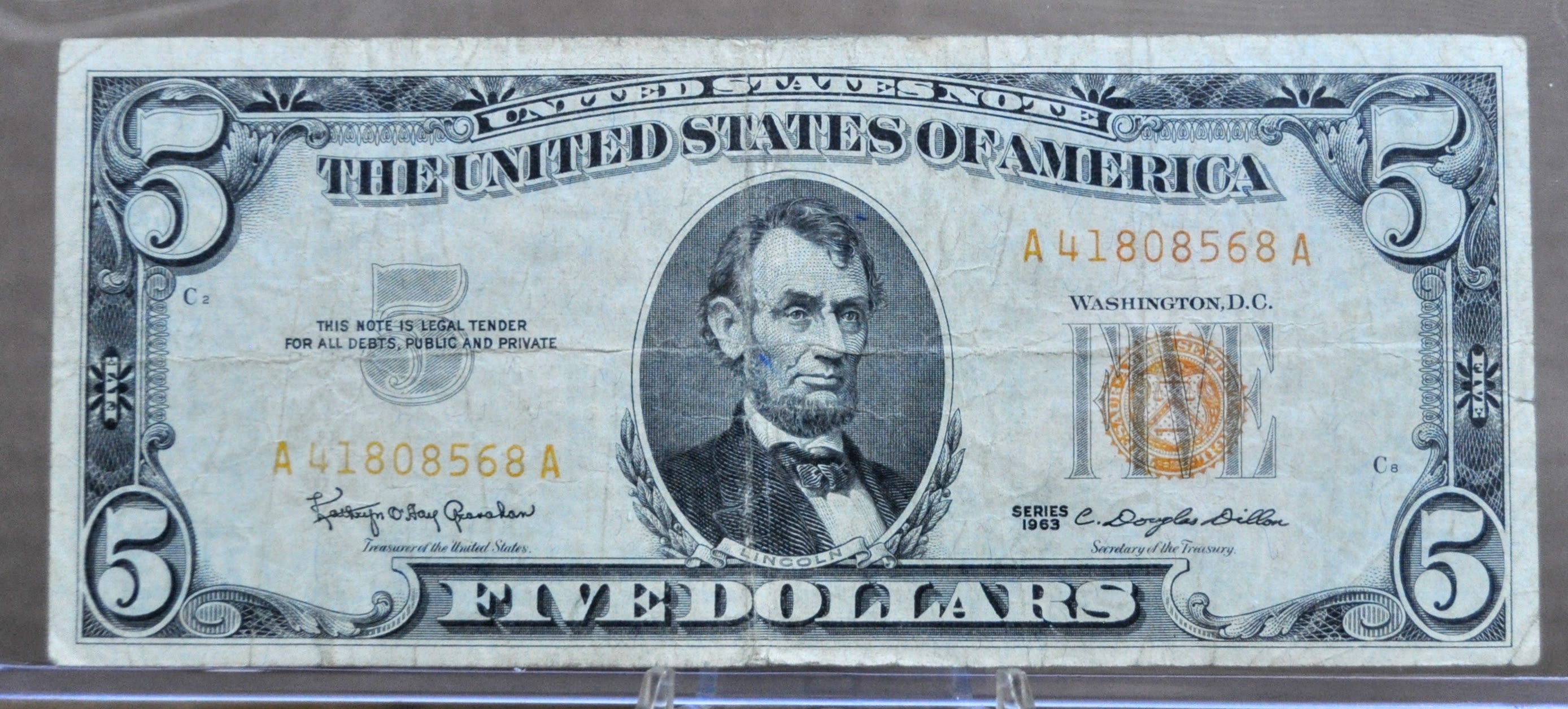1963 US 5 Dollar Legal Tender Faded Ink Note - Contaminated Orange/Gol ...