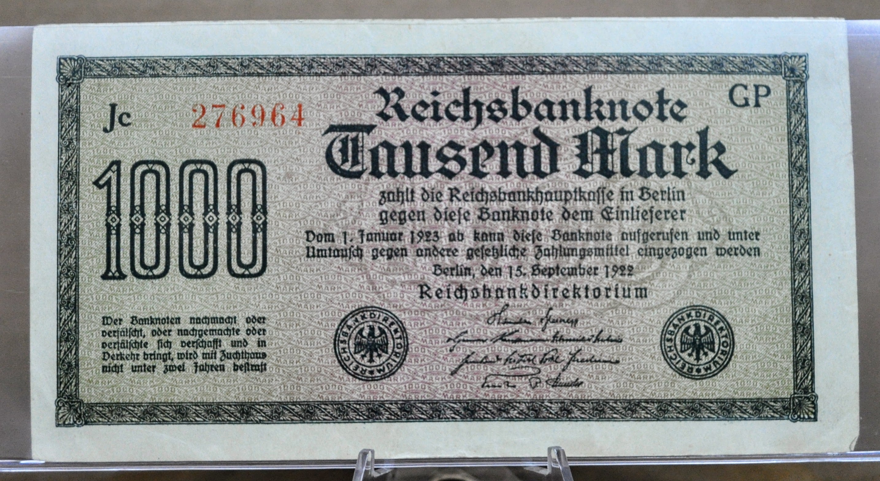 1922 Germany 1000 Mark Banknote - Reichsbanknote - Wavy Lines Watermar ...