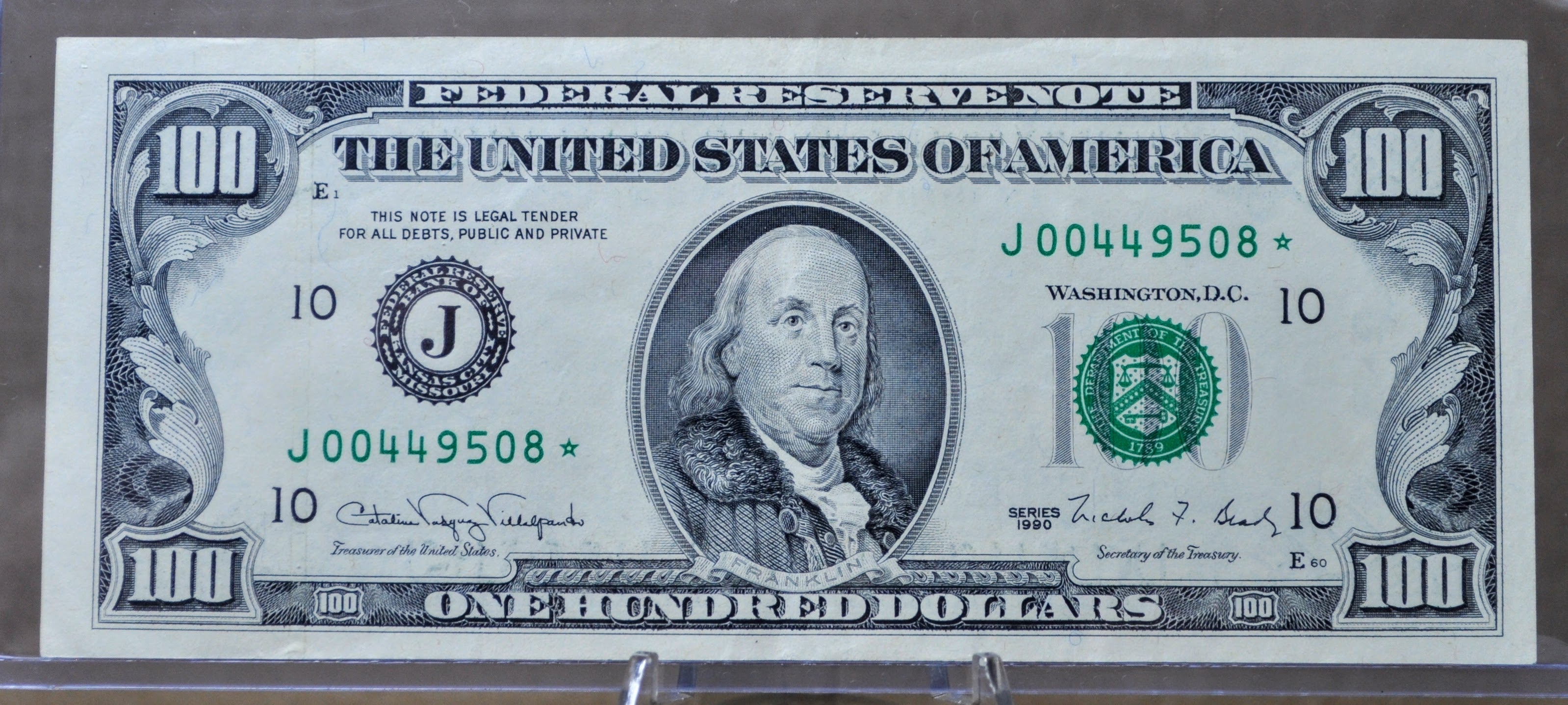 1990 US 100 Dollar Low Serial Number Star Note - 00449508 - Kansas Cit ...