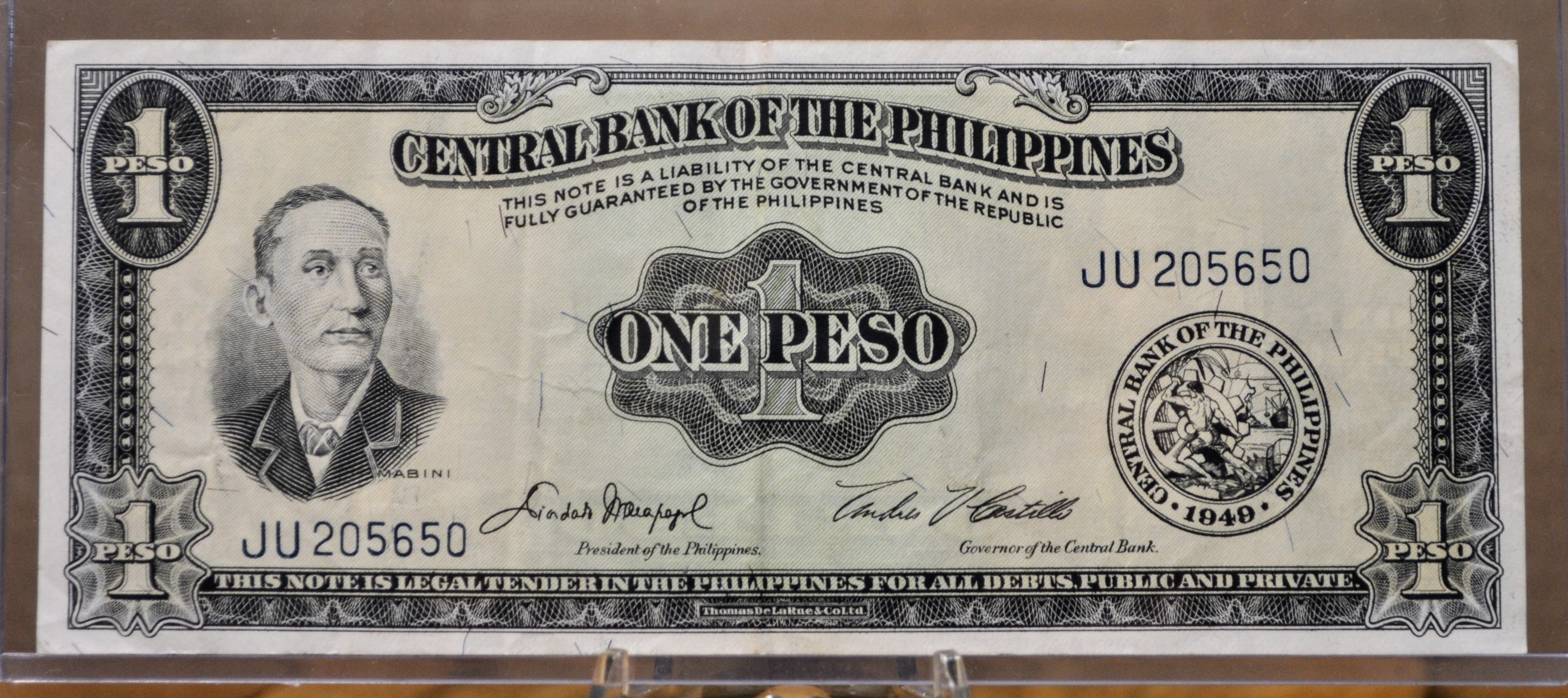 1961 (1949) Philippines 1 Peso Note - Mabini Portrait - Signature 6, J ...
