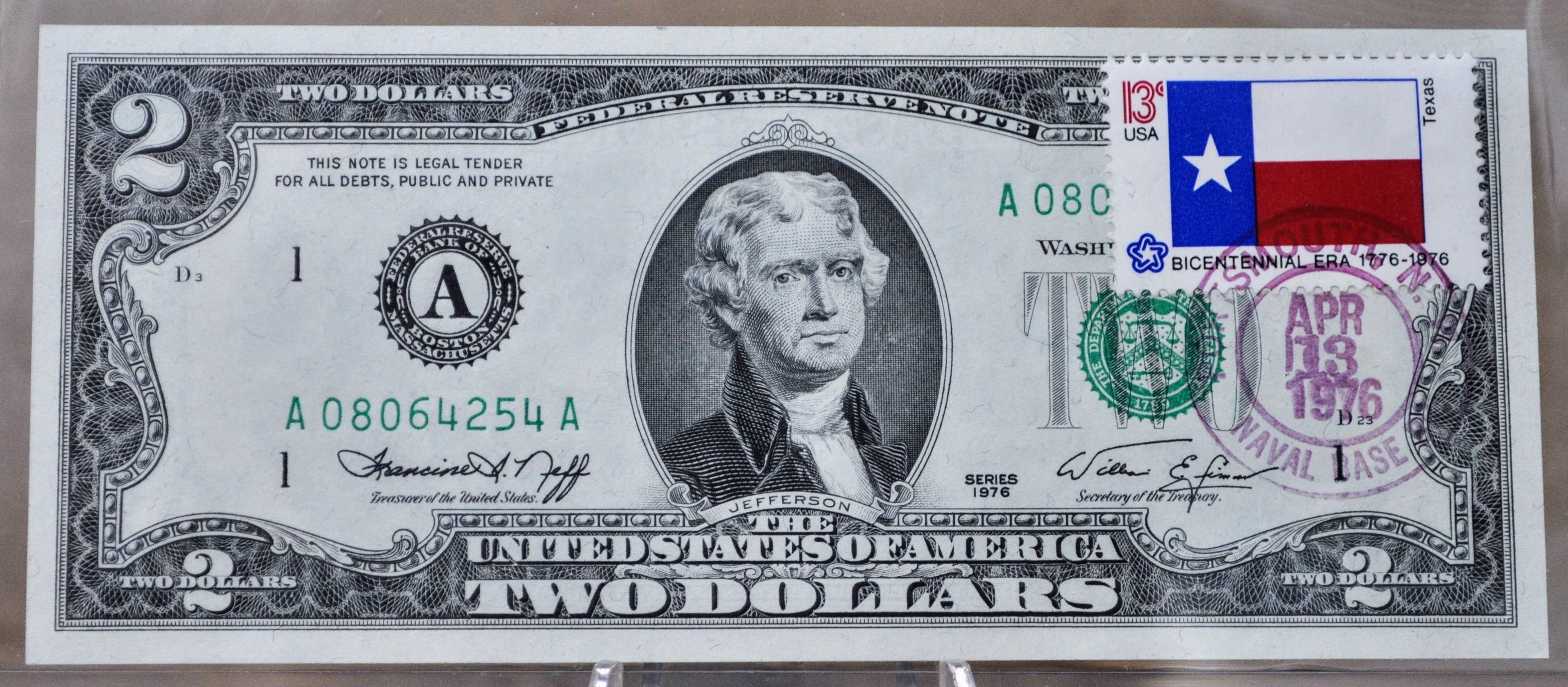 1976 Bicentennial 2 Dollar Texas Flag Stamp Note - First Day of Issue ...