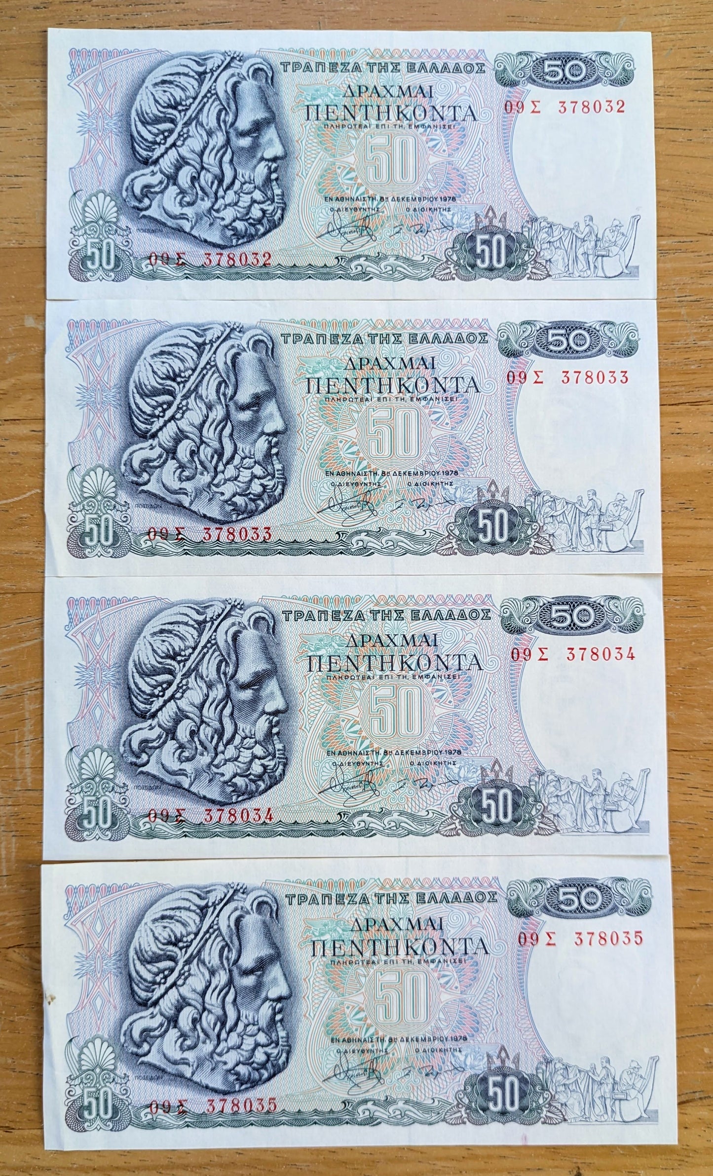 Consecutive Serial Set of 4 1978 Greece 50 Drachmai Notes - Almost Unc ...