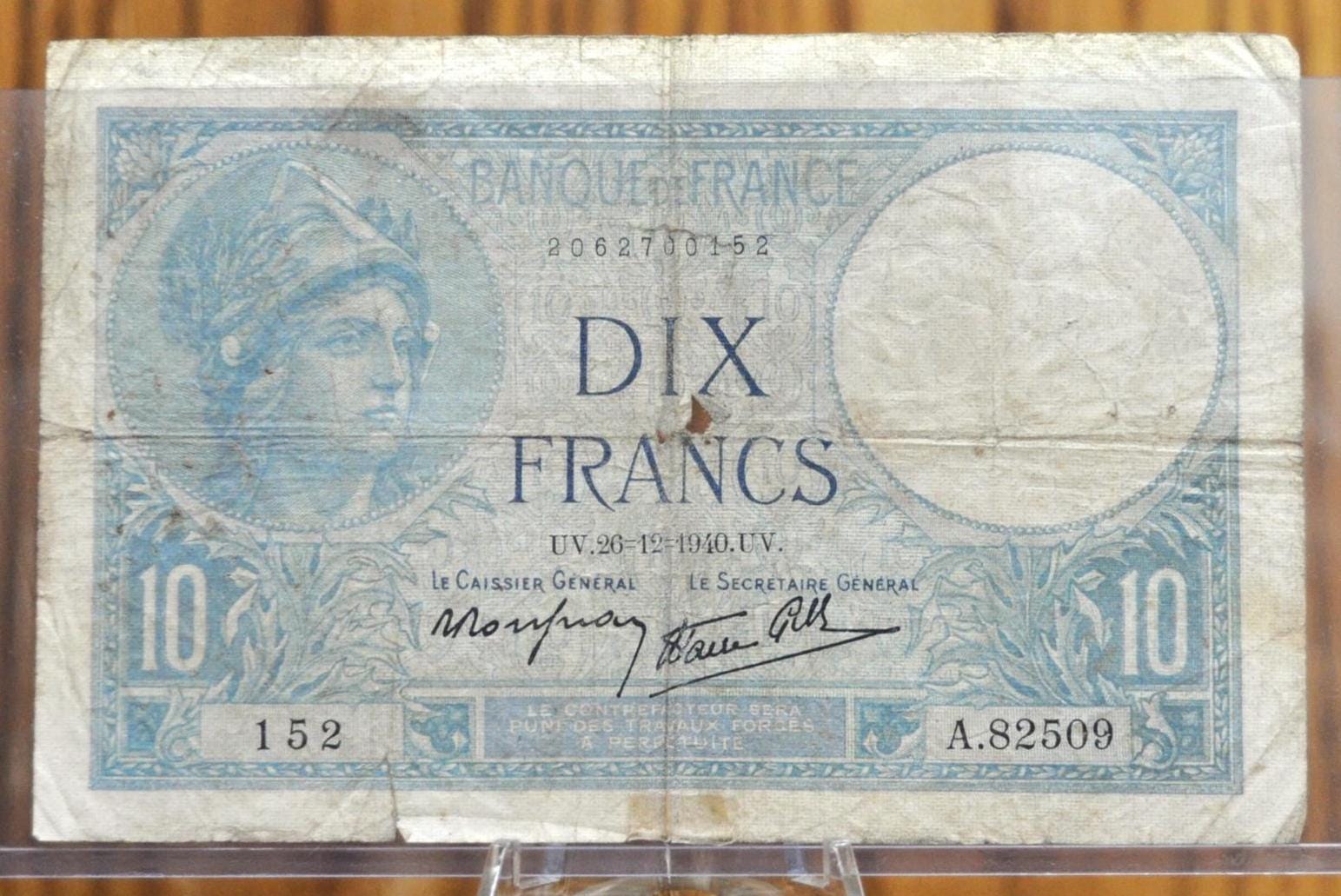 1940 Bank of France 10 Franc Banknote - WWII Era French Bank Note - Mi ...